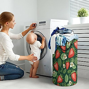 Laundry Basket Hamper Waterproof Dirty Clothes Hamper Fresh Strawberries And Leaves Collapsible Washing Bin Clothes Bag with Handles Freestanding Laundry Hamper for Bathroom Bedroom Dorm Travel