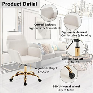 Modern Teddy Home Office Chair, Upholstered Cute Desk Chair with Gold Metal Legs, Adjustable Swivel Task Chair with Wheels, Vanity Chair for Girls Women Small Space Bedroom Study Makeup, White