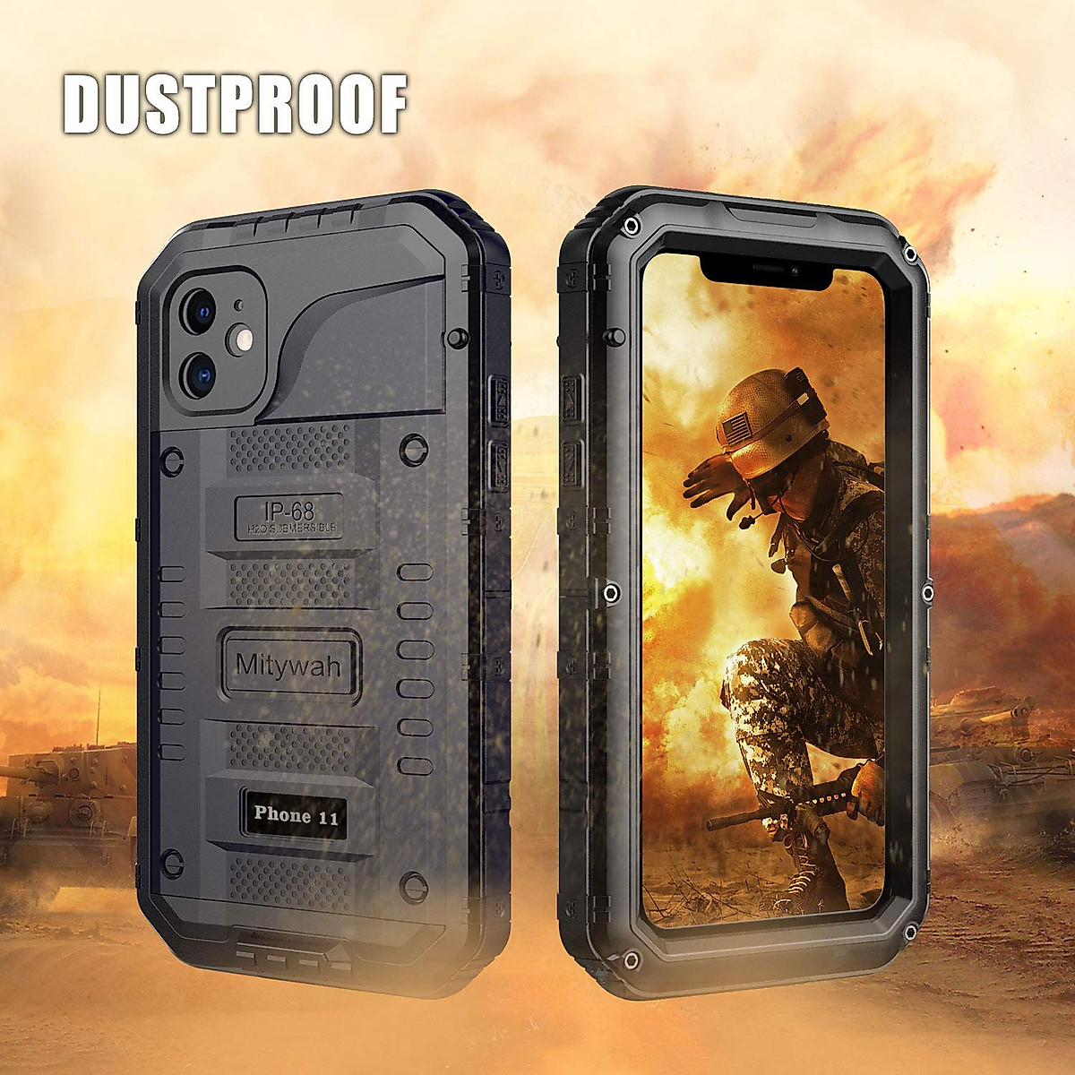 Mitywah Waterproof Case for iPhone 11, Heavy Duty Durable Metal Full Body Protective Case Built-in Screen Protection Waterproof Shockproof Dustproof Rugged Military Grade Defender, Black
