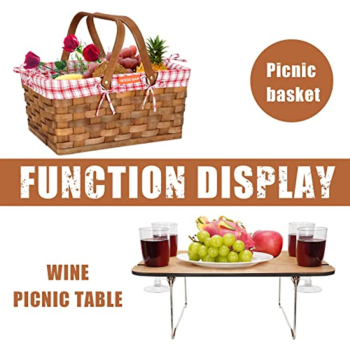 Woodchip Picnic Basket for 4 with Portable Wine Table, Woven Basket with Double Swing Handles & Removable Cutlery Service Kit, Large Basket for Picnic, Camping, Family, Wedding Gifts for Couple,Red