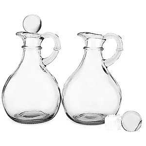 Cornucopia Glass Oil and Vinegar Cruets (Set of 2); Round Glass Oil Dispenser Bottles with Stoppers