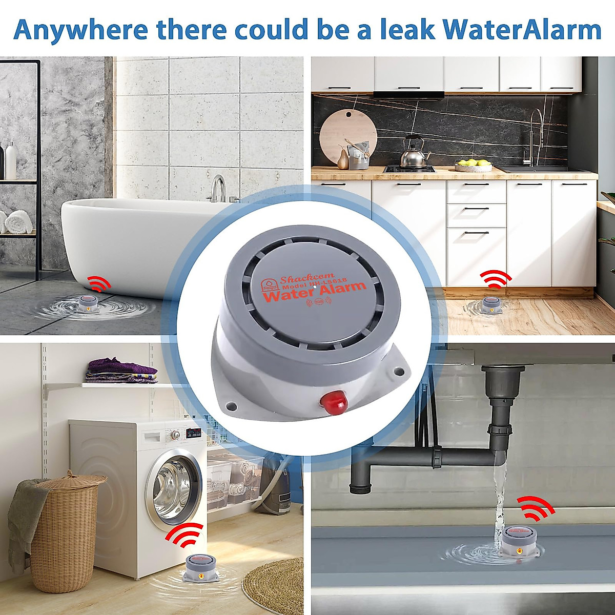 Water Leak Detector 1 Pack, Shackcom Water Alarm 110DB, Wireless, Waterproof & Battery-Operated, Audio and Light Alerts for Bathroom, Kitchen & Home Security