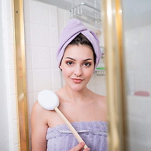 Lotion Applicator for Your Back, Legs, Feet - Sunscreen Applicator - Long Curved Easy Reach Wooden Handle Body Brush for Suntan, Sunless Self-Tanning, Skin Cream, Acne, Body Wash - Elderly Aid