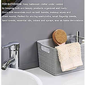 AYSUM 8 Pack Plastic Storage Basket, 9.7 x 6.5 x 5.5 Inch, Small Plastic Baskets Stackable Plastic Woven Organizer with Handle for Home Office - Grey