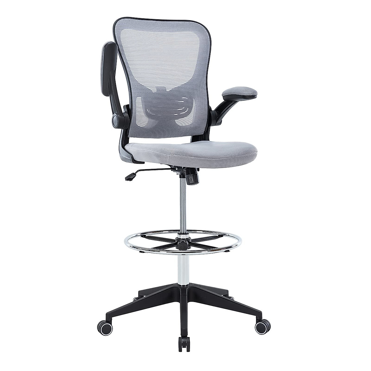 Hramk Ergonomic Office Drafting Desk Chair with Flip up Arms, Mesh Back Tall Office Chair with Adjustable Lumbar Support and Foot Ring (Nylon Wheelbase, Grey)