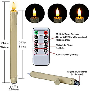 Homemory 6 Pcs Flameless Taper Candles with Remote, Timer, Dimmer, Ivory Battery Operated CandleSticks with Flickering Light, Plastic Led Window Candles, 9.6 Inches for Halloween Christmas Decoration