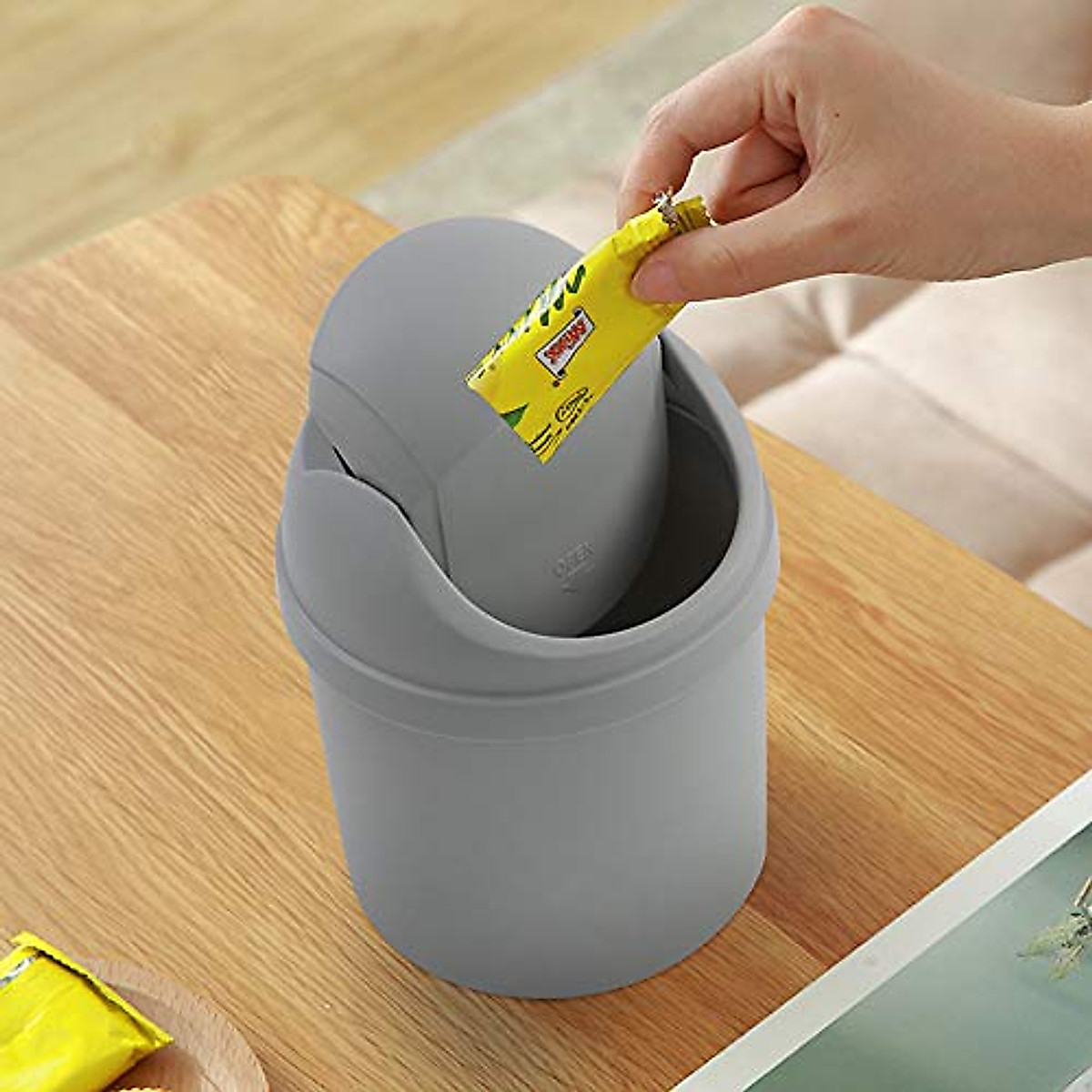 Zerdyne Plastic Mini Trash Can with Swing-Top Lid, 0.7 Gallon Tiny Garbage Can, Gray