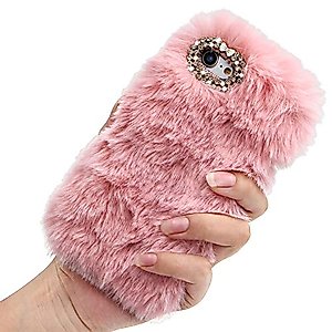 Fluffy Rabbit Fur Case for iPod Touch 7 / iPod Touch 6 / iPod Touch 5, Girlyard Cute Bling Diamond Rhinestone Handmade Furry Warm Faux Bunny Hair Soft Plush Shockproof Cover for Women Girls - Pink