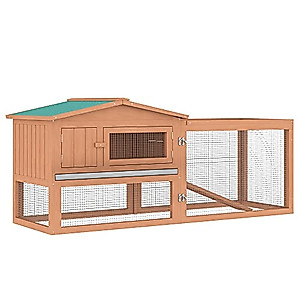 Pawhut 62" Outdoor Rabbit Hutch with Run, Guinea Pig Pet House Bunny Cage with Pull Out Tray, Waterproof Roof