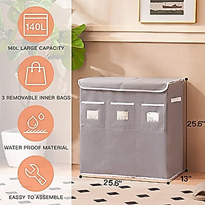 TECHMILLY 3 Section Large Laundry Basket, 140L Laundry Hamper with Lid，Waterproof Durable Clothes Hamper with 4 Removable Bags and 3 labels for Bathroom, Bedroom, Dorm, (Grey)