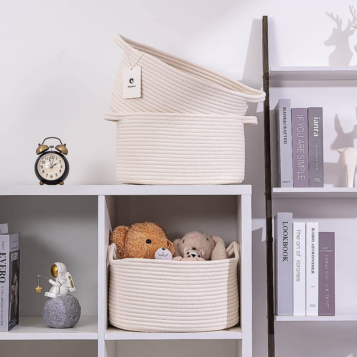 Laughbird Storage Box|Fabric Storage Basket Used to Organize The Shelf of Closet Shelf Baby Toys|Decorative Medium Woven Linen Closet Organizer, With Handle Cube (white, 3bags)