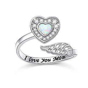 Mom Gifts 925 Sterling Silver Angel Wing Ring for Mother Women Memorial Jewelry Heart Ring with Message I Love You Mom Wrap Open Ring Lap Opal Rings Adjustable Size