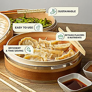 Noble Nest Deluxe Bamboo Steamer Basket 10-inch | 2-Tier Vegetable Steamer for Cooking | Dumpling Maker | Food Steamer Pot | Veggie Steamer | 2-Pairs of Chopsticks, Sauce Dish & 50 Perforated Liners