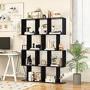 Giantex 4 Tier Bookshelf S Shaped Bookcase Set of 2, Wooden Display Decor Furniture, Free Standing Industrial Storage Rack for Living Room Bedroom Office, Modern 4 Shelf Bookcase (Black, 2)