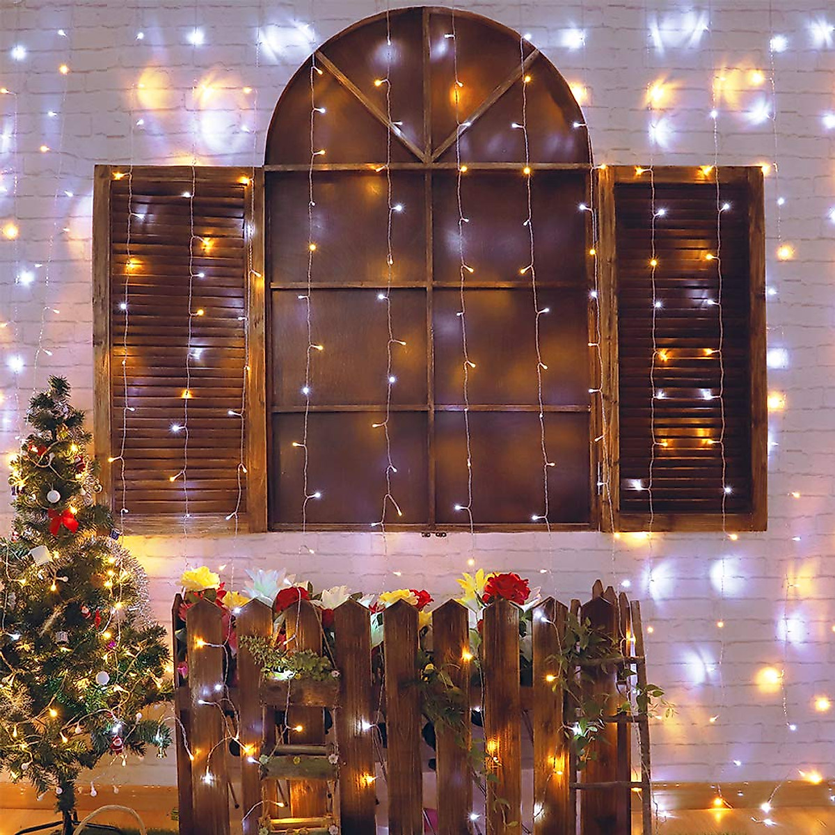 HEYFUNi Fiee Curtain Lights,304L 9.8ftX9.8ft 30V 8Modes Safety Window Lights for Home Wedding Christmas Party Patio Lawn Garden Bedroom Outdoor Indoor Wall Decorations (304LED, Warm White+White)