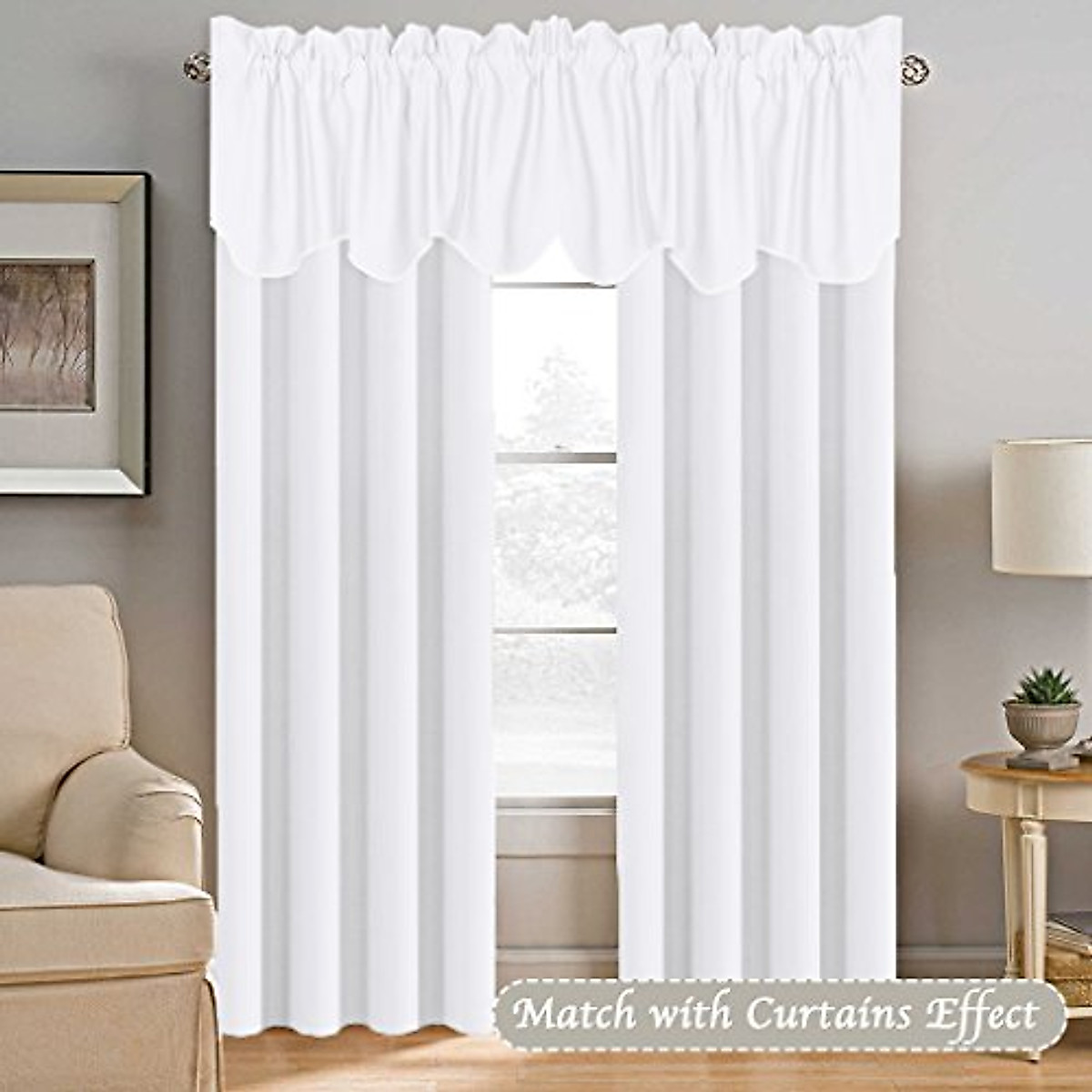 H.VERSAILTEX 2 Panels Blackout Curtain Valances for Kitchen Windows/Living Room/Bathroom Privacy Protection Rod Pocket Decoration Scalloped Winow Valance Curtains, 52" W x 18" L, Pure White