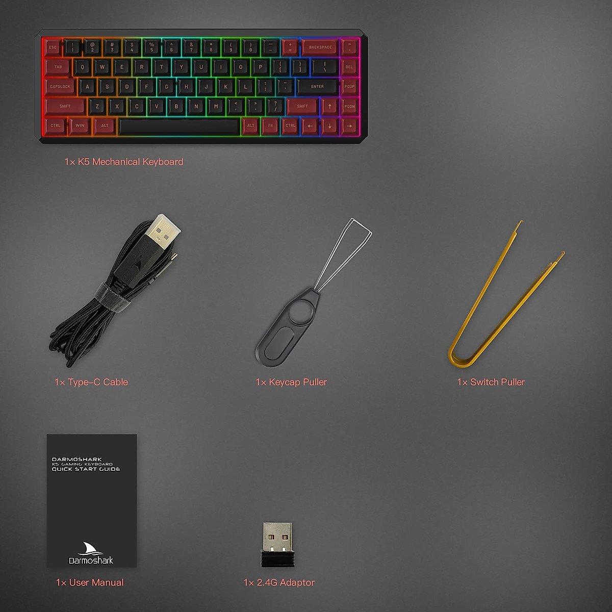 Darmoshark 2.4GHz Wireless/Wired Mechanical Keyboard — 65% (68 Key) Gaming Keyboard, Hot-Swap Switches, Programmable Macros, RGB LED Backlit, Type-C, PBT Spherical Keycap(Gateron Brown, Cherry Red)