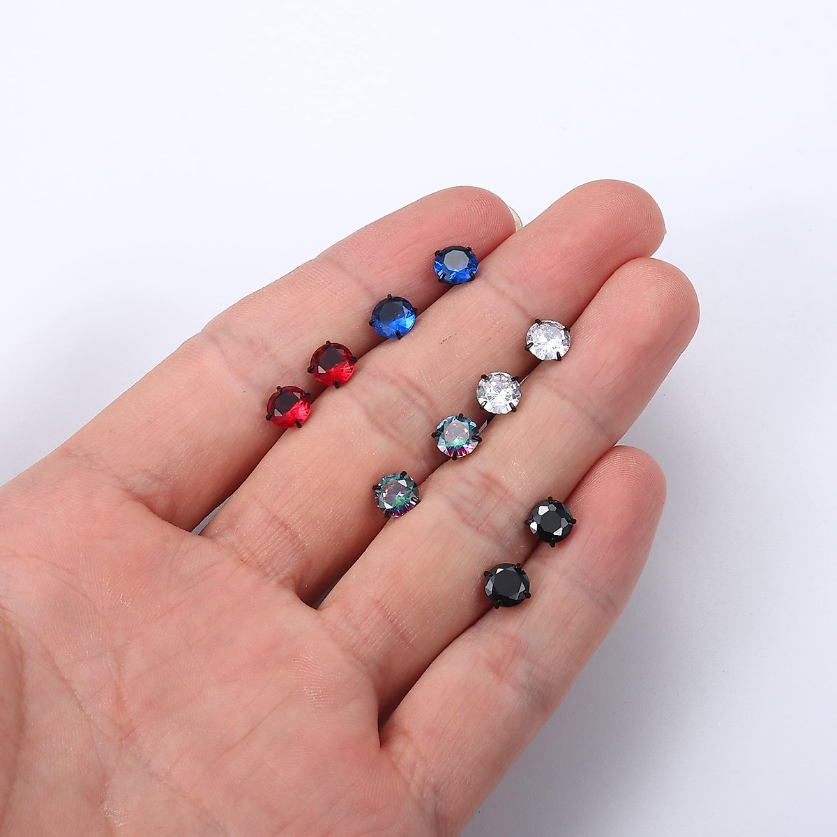 CASSIECA 5 Pairs Surgical Steel Screw Back Stainless Steel Stud Earrings for Women Men, Rainbow 5A Cubic Zirconia Sleeper Studs Hypoallergenic Earrings for Sensitive Ears 6mm