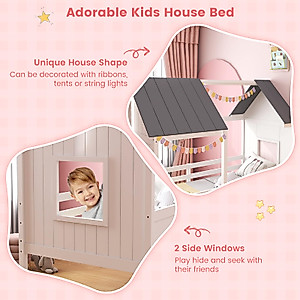 Giantex Twin House Bed Frame, Kids Low Loft Bed Frame with Roof, Side Windows & Ladder, Wooden Slatted Support Playhouse Bed for Girls, Boys, Teens, No Box Spring Needed, White