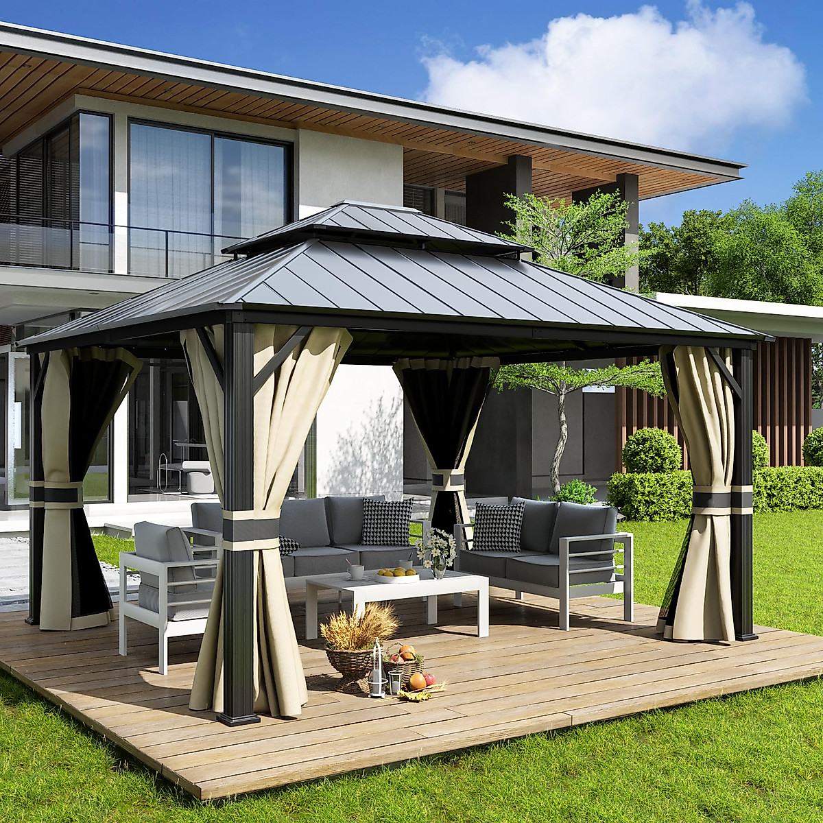 Amopatio 12' X 14' Hardtop Gazebo Permanent Aluminum Gazebos with Galvanized Steel Double Roof for Patio Lawn and Garden，with Curtains & Mosquito Netting