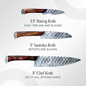 Breliser 3-Piece Knives Set for Kitchen, Damascus Chef Knife Set With Professional Chef Knife, Santoku Knife, & Paring Knife, Diamond-Hammered Kitchen Knifes With Rosewood Handles, Gifts for Chefs