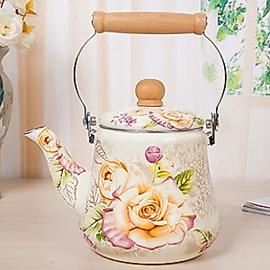 FURLOU Kettle for Stove top 1.5L/50.7OZ Enamel Kettle Thicken Retro Stovetop Induction Cooker Natural Gas Household Restaurant Wooden Handle Teapot Kitchen Supplies Teapots (Color : Red)