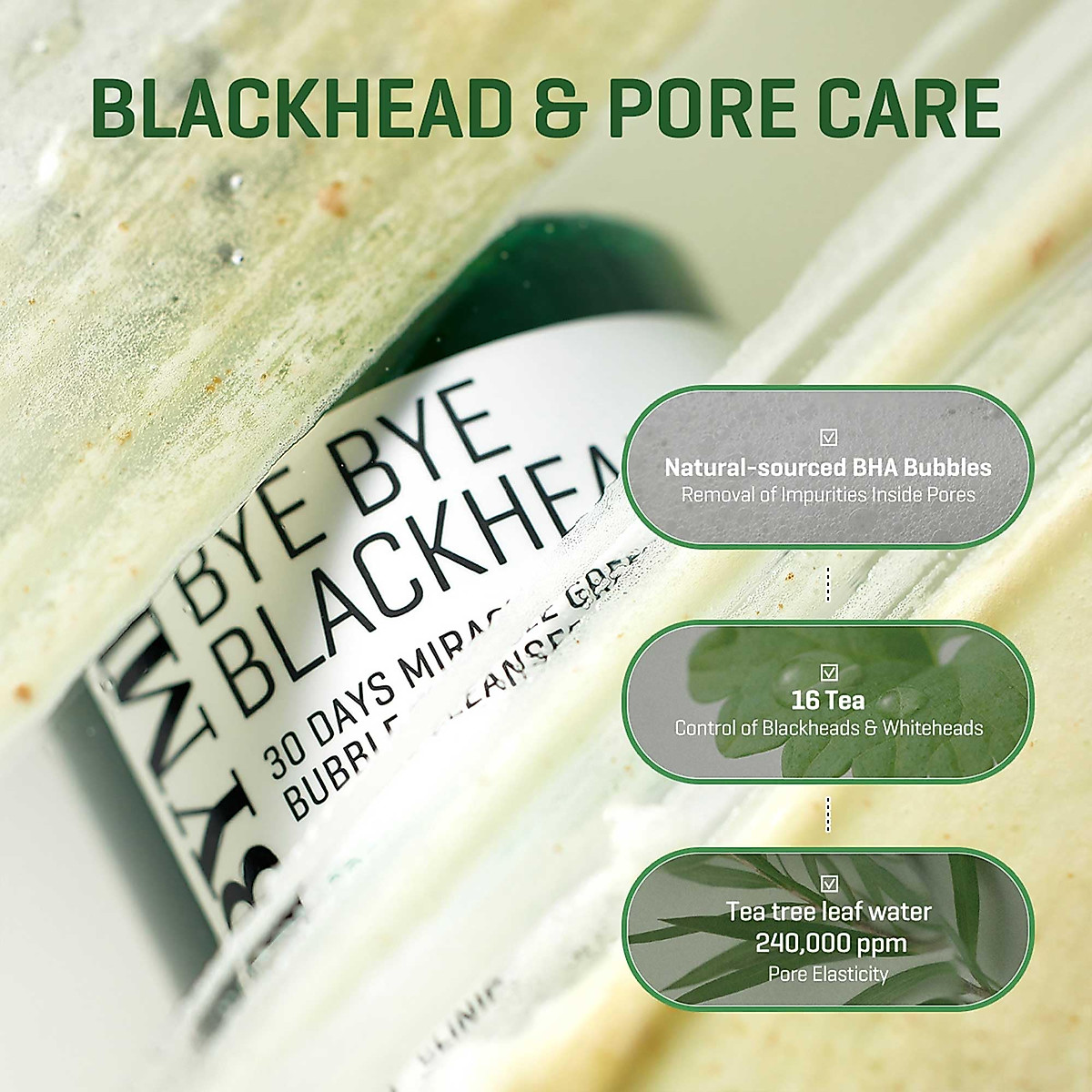 SOME BY MI Bye Bye Blackhead 30 Days Miracle Green Tea Tox Bubble Cleanser - 4.23 Oz, 120g - Korean Face Wash for Removing Blackhead - Daily Pore Minimizer for Face Skin Texture - Korean Skin Care