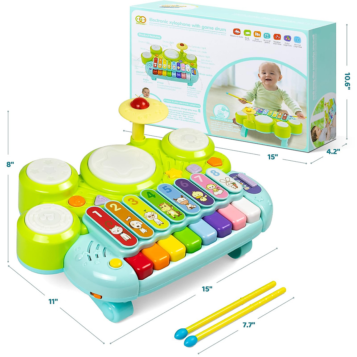 Marstone Musical Toys for Toddlers 1-3, Baby Piano Keyboard for 1 Year Old Girls Boys Toys, Xylophone Toddlers Drum Set Music Toys with Lights, Early Educational Learning Toy Gifts
