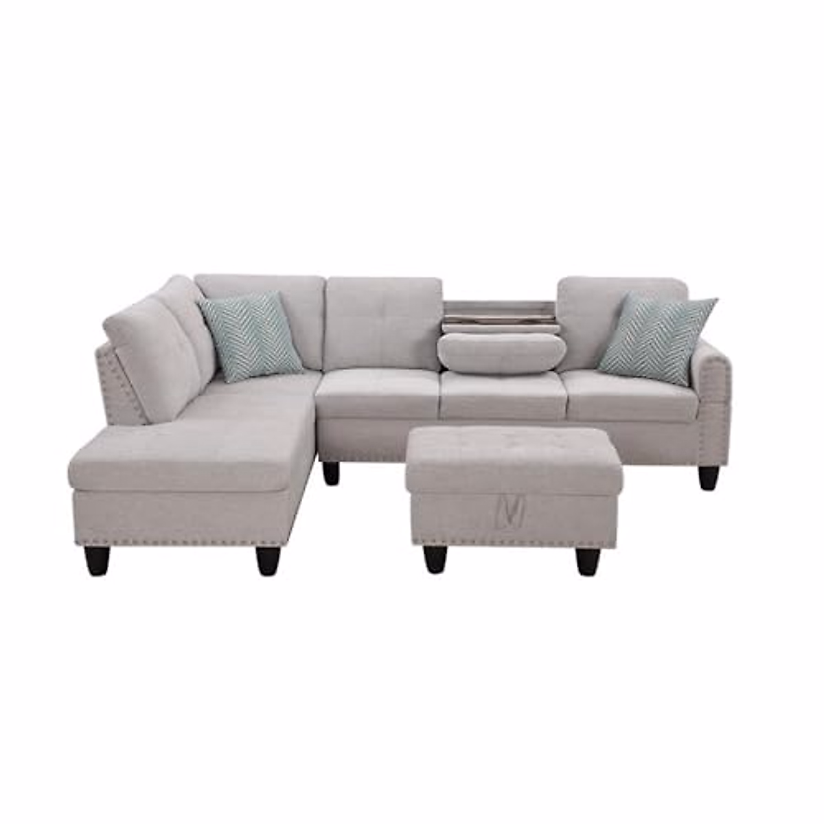 Devion Furniture Polyester Fabric Sectional Sofa with Lift-top Storage Ottoman, Tufted Design, in Light Gray Finish