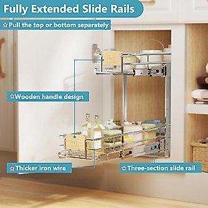 LOVMOR 2 Tier Pull Out Cabinet Organizer 7½" W x 21½" D, Slide Out Drawers with Wooden Handle, Sliding Shelves Organization and Storage for Kitchen, Pantry