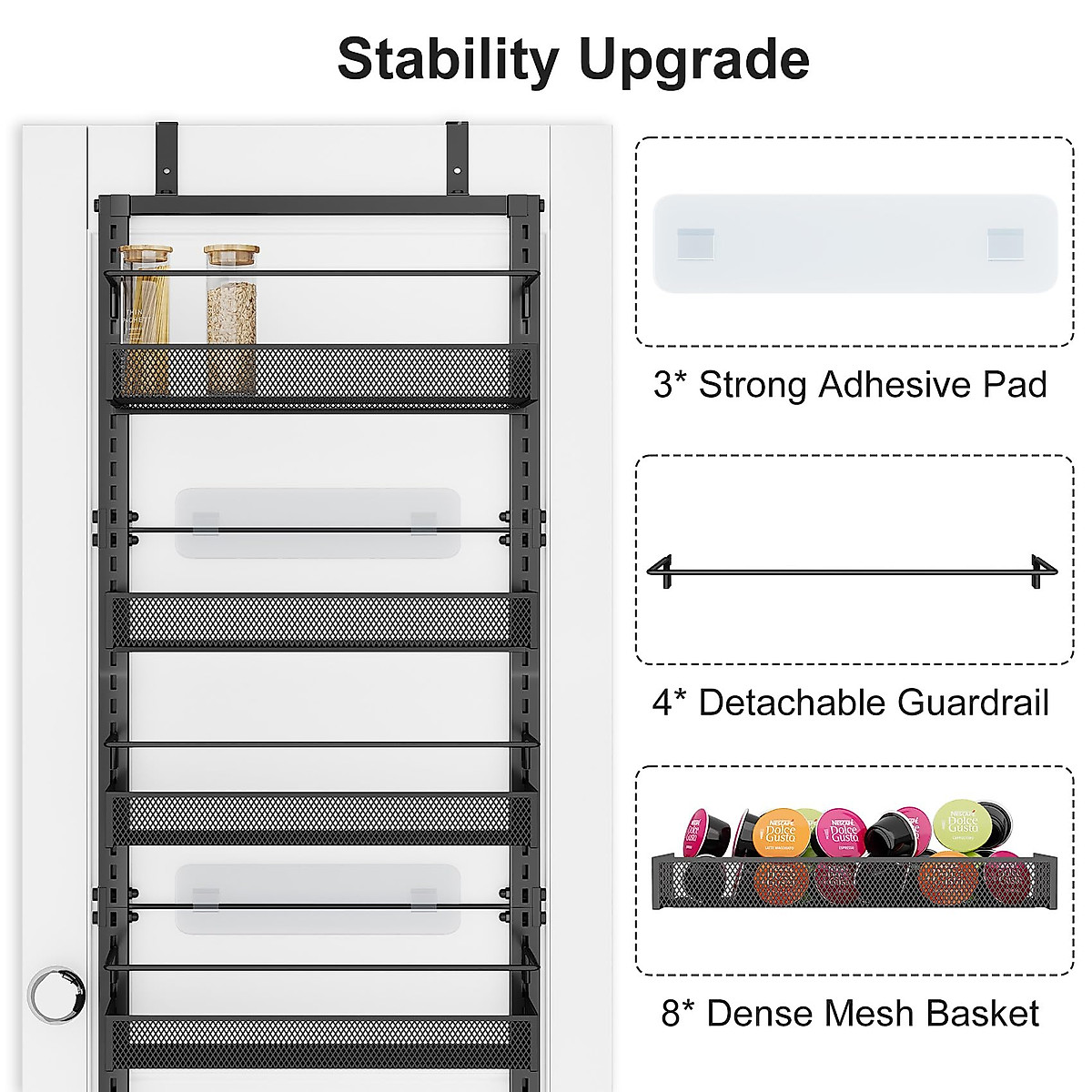 Over the Door Pantry Organizer - 8 Tier Adjustable Pantry Door Spice Organizer, Large Capacity Hanging Door Spice Rack for Kitchen Pantry Organizers and Storage (Black)