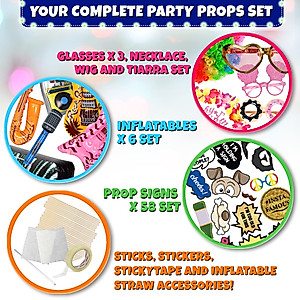SOUL SHIFT 70 Pc Large Premium Photo Booth Props Set for All Occasions - Wedding Props, Birthday Props, Graduation Props, Inflatables, Large Glasses, Multi-Colored Wig, Hawaiian Lei, Hand Pump