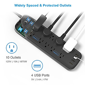 High Joules Power Strip Surge Protector (2x4000J), TROND 6 ft Extension Cord Black Safe Power Strip with Dual Surge Protection 10 Outlets 4 USB Charger, Flat Plug Power Strip for Christmas Lights