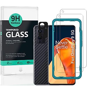 Ibywind Screen Protector For OnePlus 9 5G,with 2Pcs Tempered Glass,1Pc Camera Lens Protector,1Pc Backing Carbon Fiber Film [Fingerprint Reader,Easy to install]