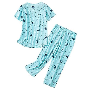 Women Short Sleeve Pajama Set Tops with Capri Pants Cartoon Print Sleep Shirt Two Piece Sleepwear Pj Set Green Star 2XL