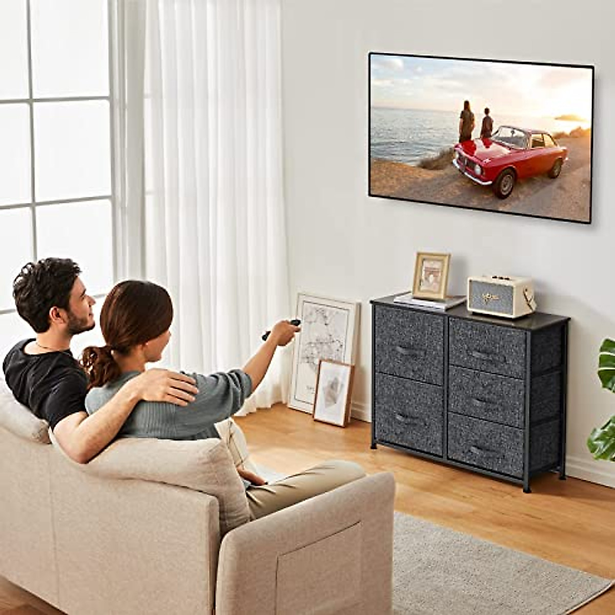 Pipishell Fabric Dresser, 5 Drawer Storage Chest Tower, Organizer Unit for Bedroom, Hallway, Entryway, Closets and Living Room -Sturdy Steel Frame, Wood Top, Easy Pull