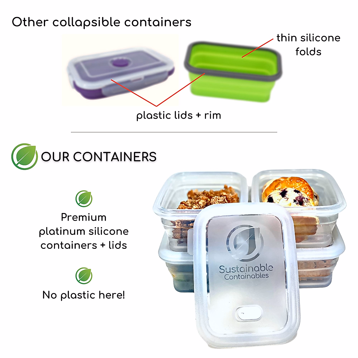 Premium Silicone Collapsible Food Storage Containers with Silicone Leakproof Lids, BPA Free, LFGB Food-Grade Certified, Compact, Reusable Lunch Snack Box, Microwave Safe, 2.8 Cups 3 Pk