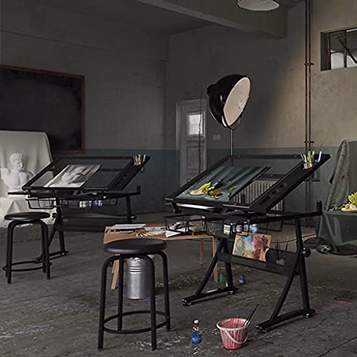 Adjustable Glass Drafting Table,Versatile Art Study Table,with Storage Drawers,Art Studio Design Sketching Painting Work Station