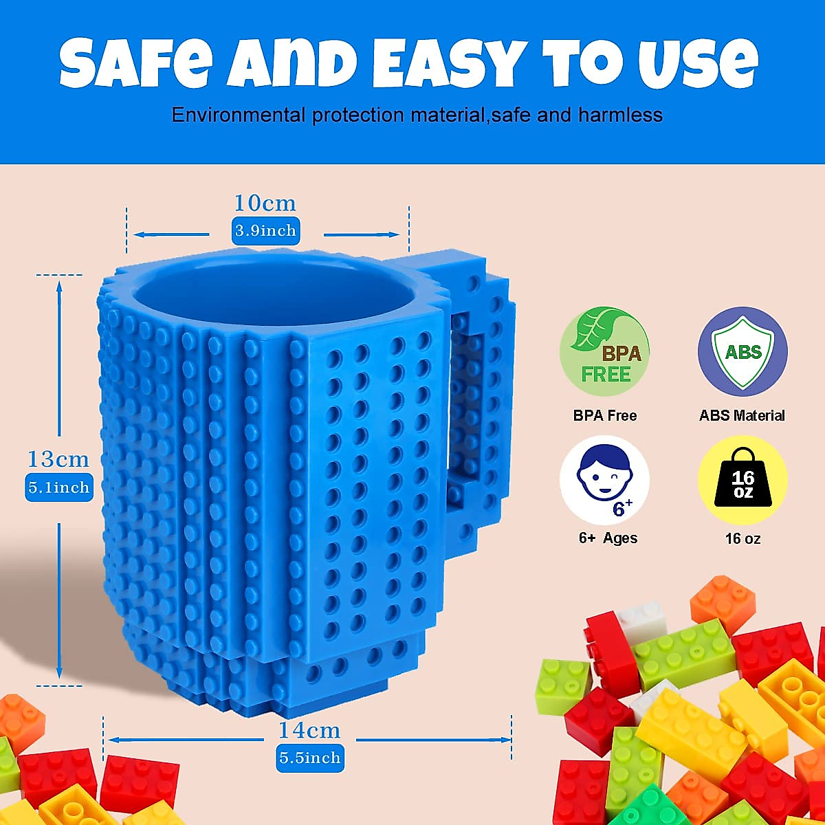 MIMAX Build-on Brick Mug with 180+ Pieces Building Blocks Toys Set for Kids Birthday (Blue-Upgrade)