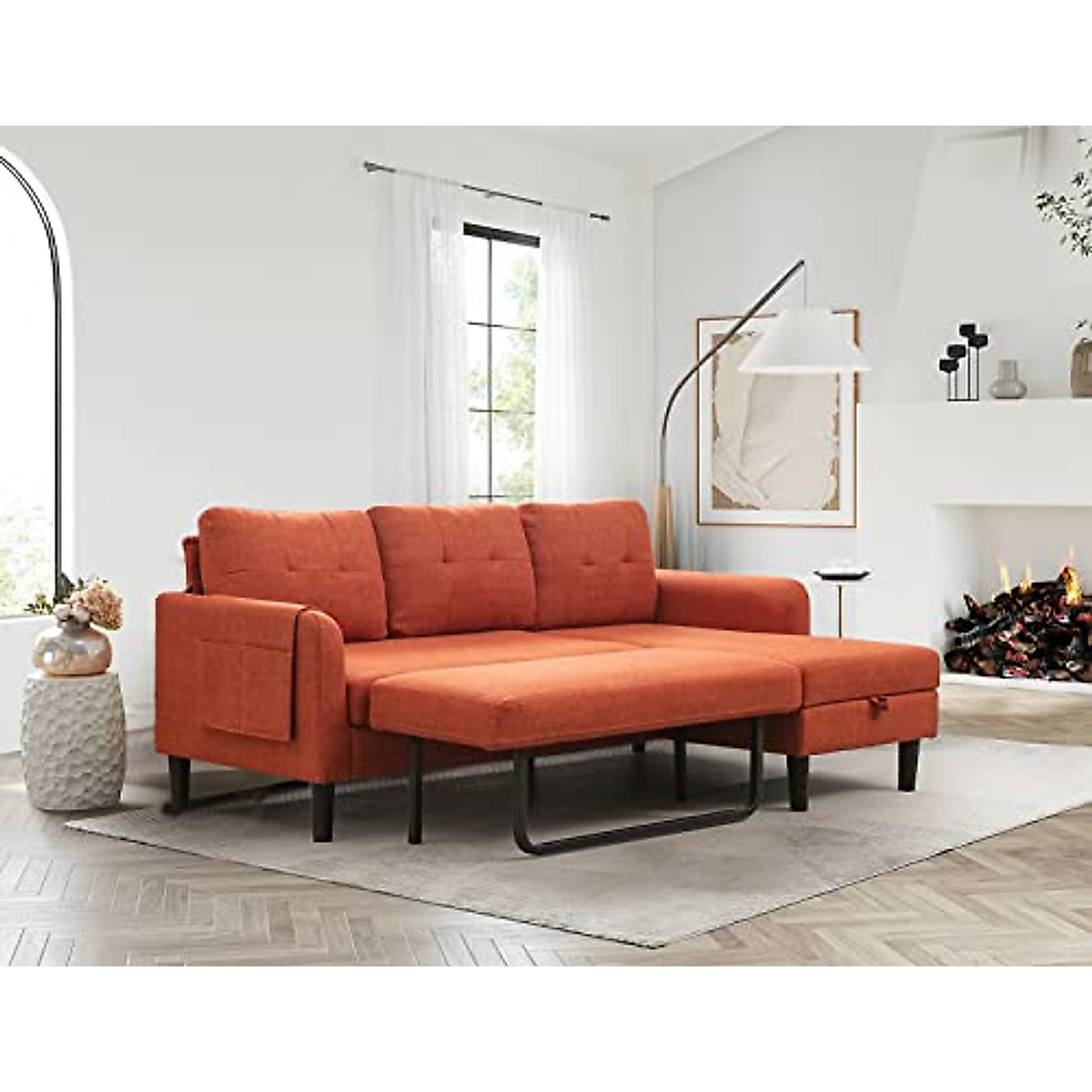 Modern Pull Out Sleeper Sofa Bed with Chaise, Comfy L Shaped Convertible Sleeper Couch with Storage and Pocket, Sectional 3 Seat Couch for Living Room Furniture or Home Office, Tufted Back - Orange