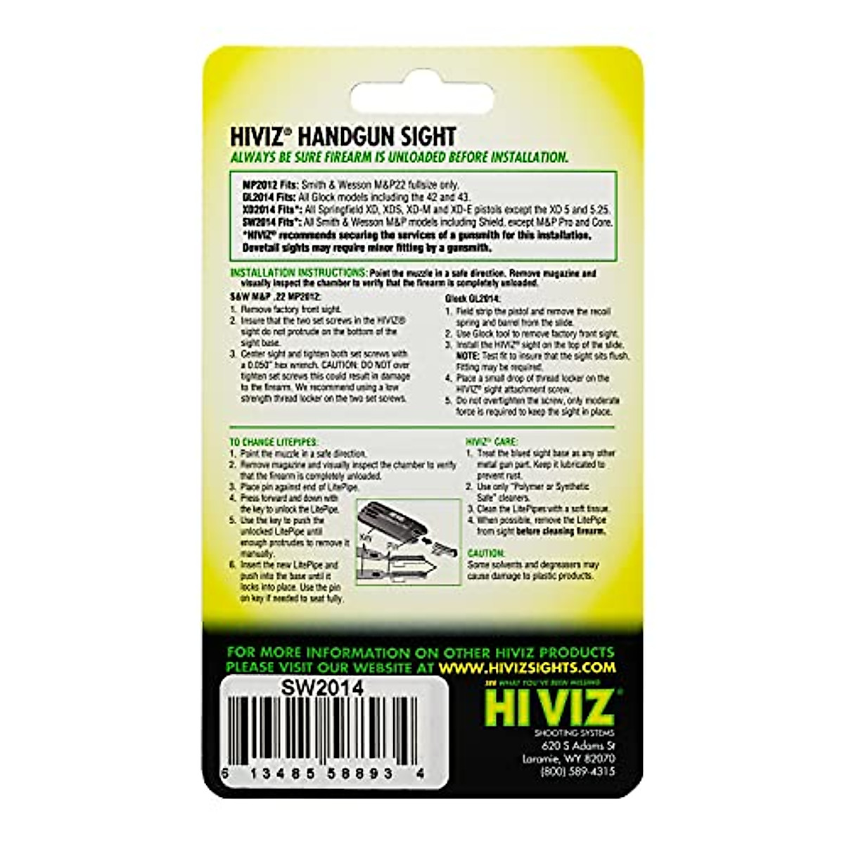 HIVIZ unisex adult Handgun HiViz SW2014 Interchangeable Style Front Sight for Smith Wesson M P Full Size, Green, Red, and White, One Size US