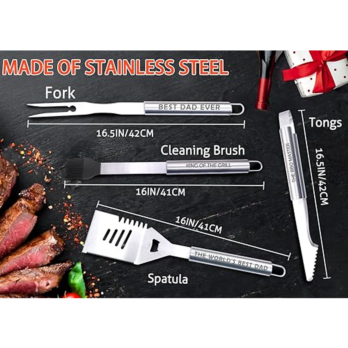 Birthday Gifts for Dad, Cool Bbq Grill Gift for Men Christmas Retirement Congratulations Get Well Soon, Unique Dad Gift from Daughter Son Kids, Gift for Men Stainless Steel Metal Tool Heavy Duty Set 4