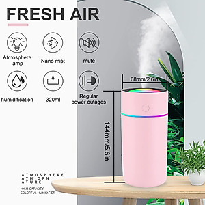 SPOLI Mini Humidifier for Bedroom,USB Portable Humidifier,320ml Water Tank,Suitable for Cars,Offices,Bedrooms, etc, 2 Mist Modes，Automatic Shut-Off，Nano Mist,Super Quiet. (Pink)