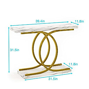PAKASEPT Console Table with Gold Base, 40 inch White Faux Marble Narrow Entryway Table Foyer Table for Living Room, Entryway, Hallway, Entrance