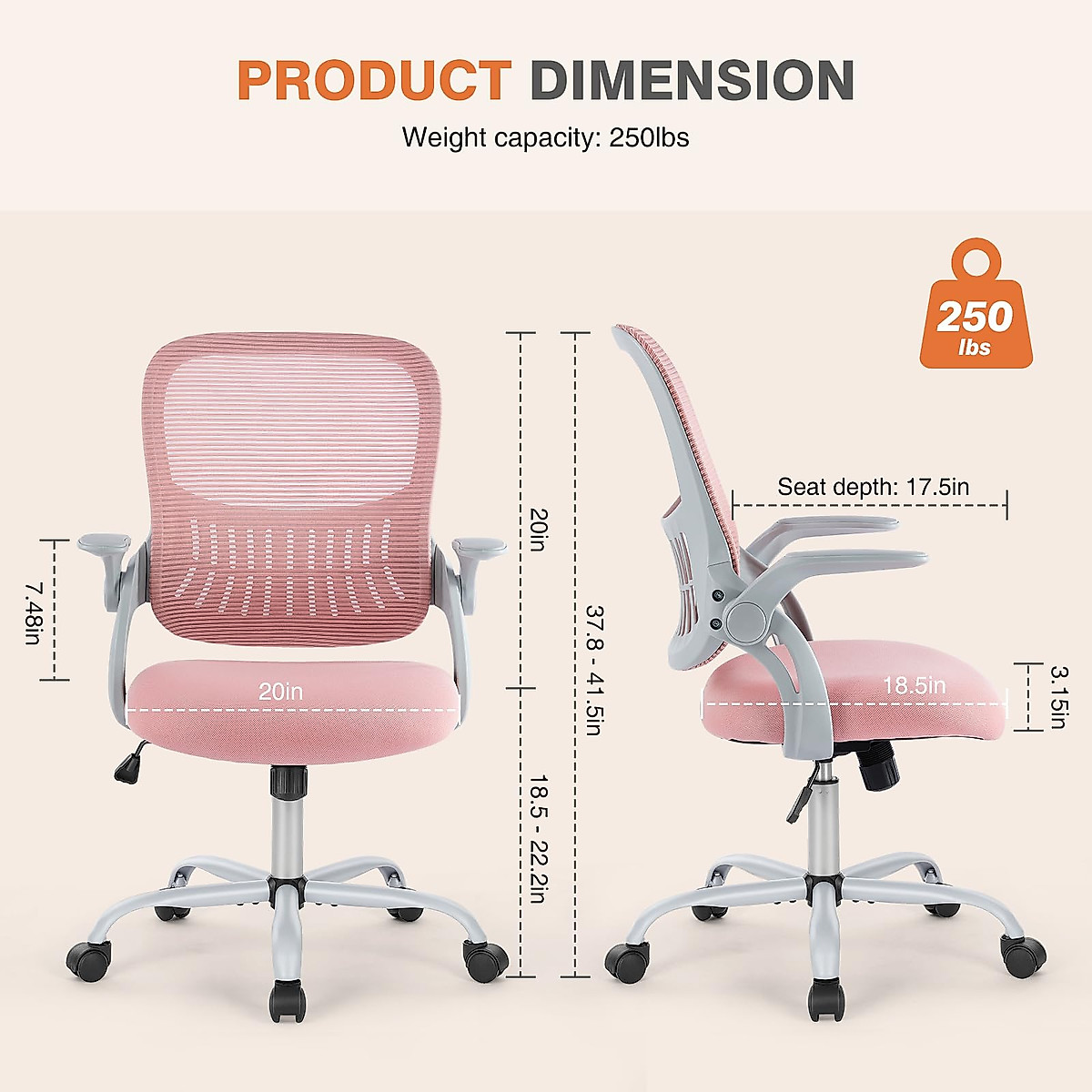 Sweetcrispy Office Computer Desk Chair, Ergonomic Mid-Back Mesh Rolling Work Swivel Task Chairs with Wheels, Comfortable Lumbar Support, Comfy Flip-up Arms for Home, Bedroom, Study, Student, Pink