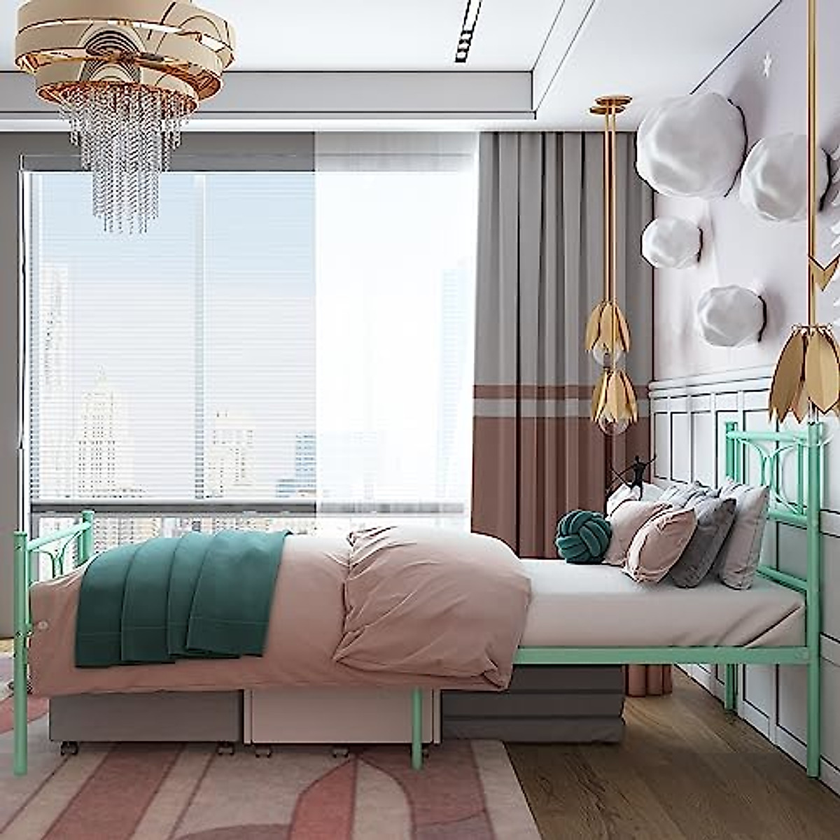 Twin Bed Frames with Storage for Girls Twin Beds for K'ids Metal Platform Bed Frame/Mattress Foundation/No Box Spring Needed/Steel Slat Support, Green