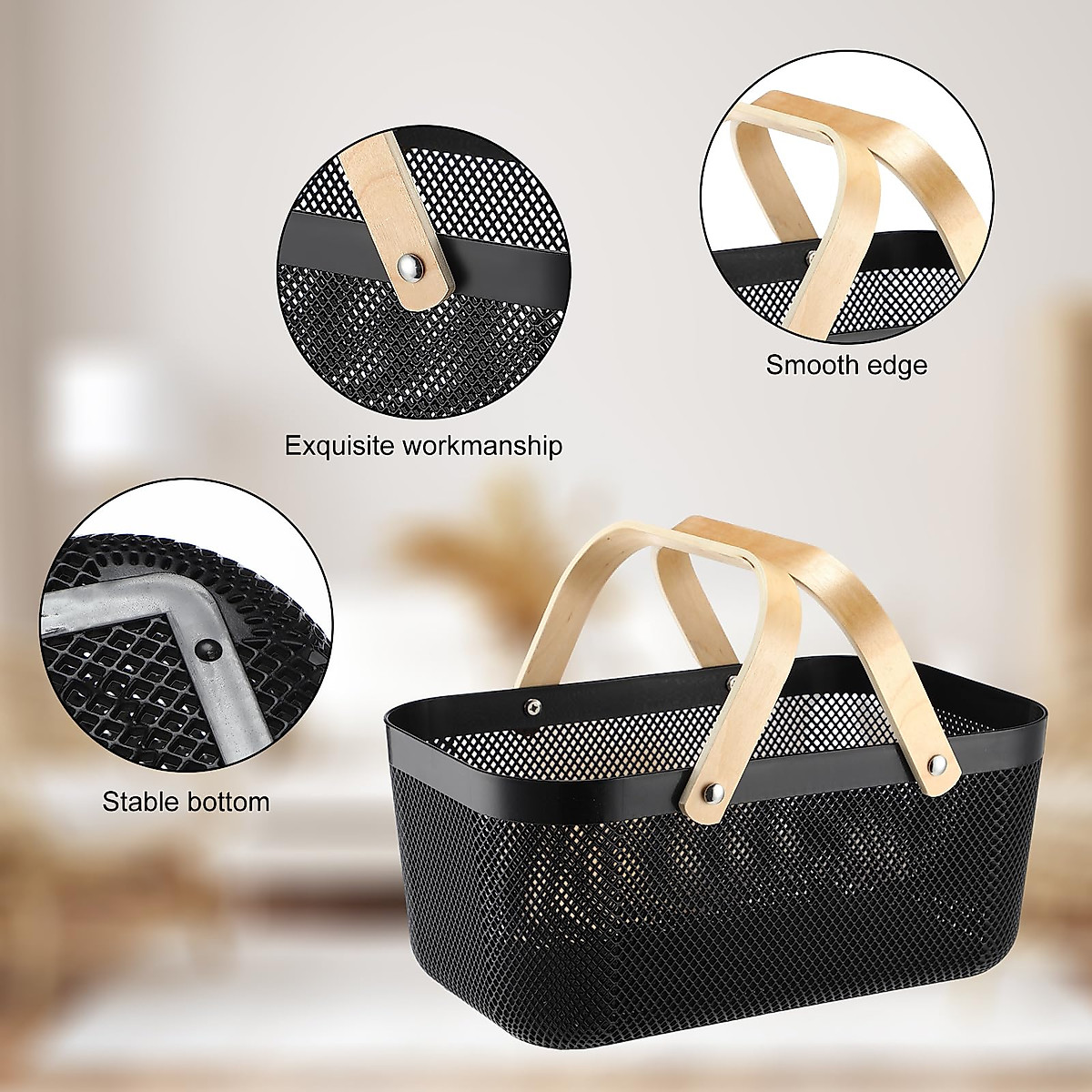 Sadnyy 4 Pcs Plastic Mesh Garden Harvest Basket Storage Basket with Wooden Handle Multi Functional Mesh Bin for Kitchen Cabinet Picnic Fruit Vegetable Gathering Organizer(Large, Small,Black)