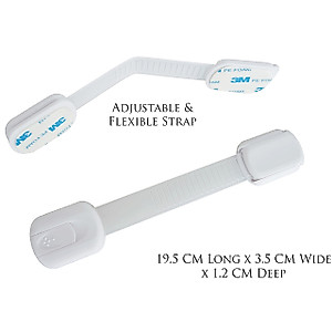 Baby Safety Locks | Child Proof Cabinets, Drawers, Appliances, Toilet Seat, Fridge and Oven | Tools Not Required | Uses 3M Adhesive with Adjustable Strap and Latch System (6-Pack, White)