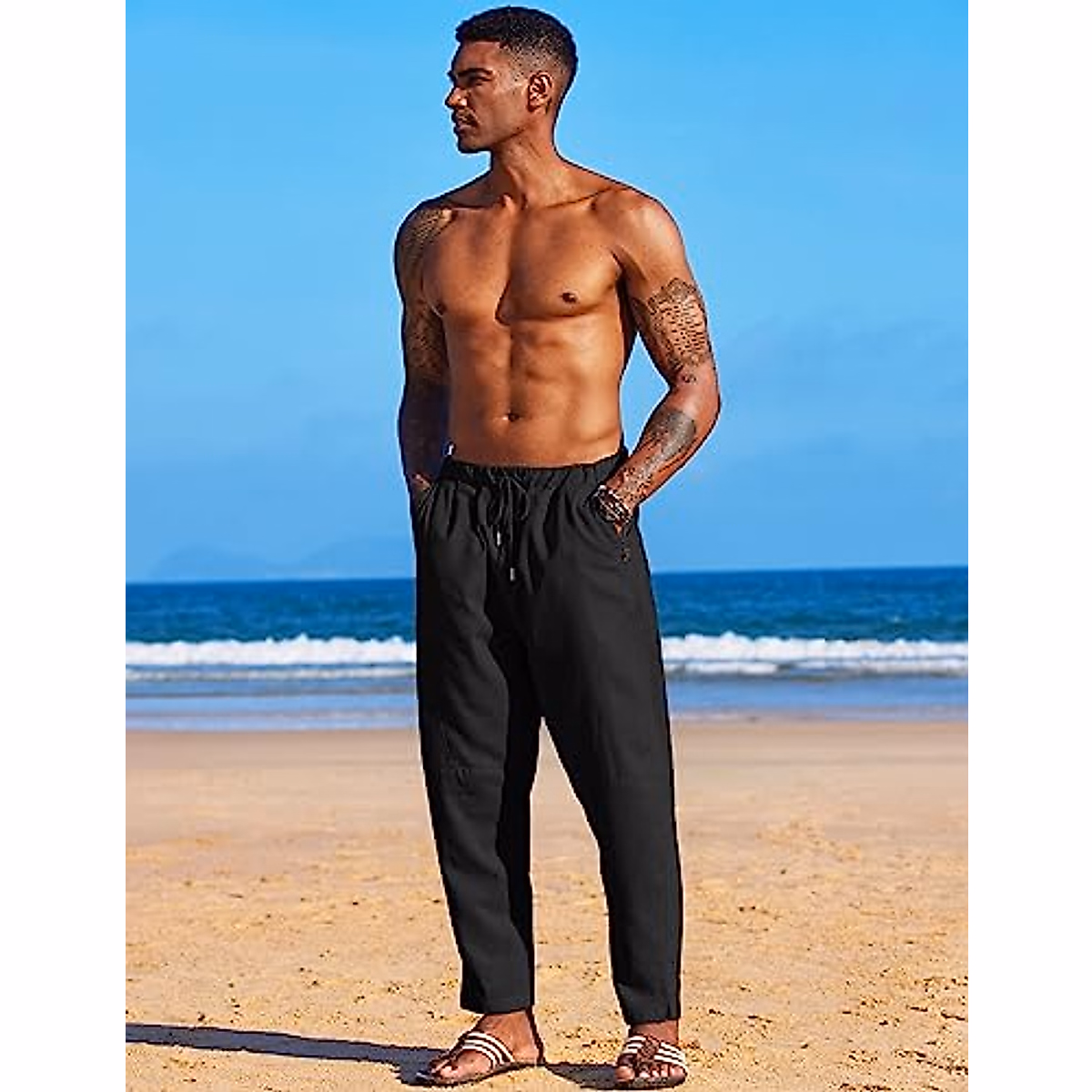 COOFANDY Men's Baggy Capri Trousers Drawstring Vacation Linen Beach Pants Summer Black