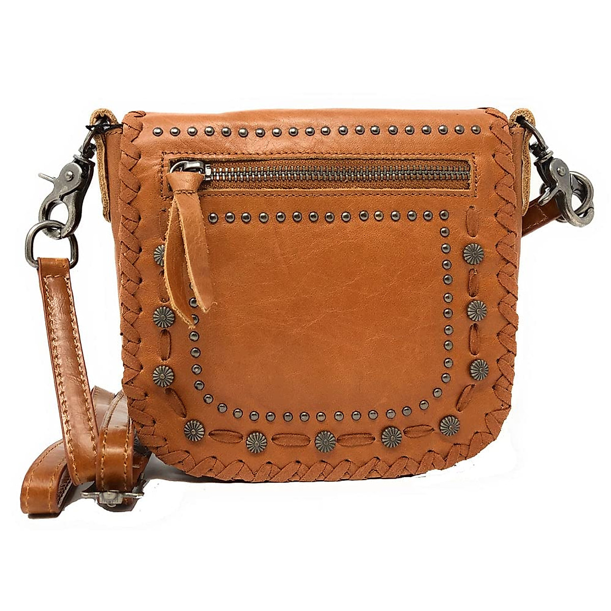 MMontana West Real Leather Messenger Purse Crossbody Purse Conchos Stitching Beige